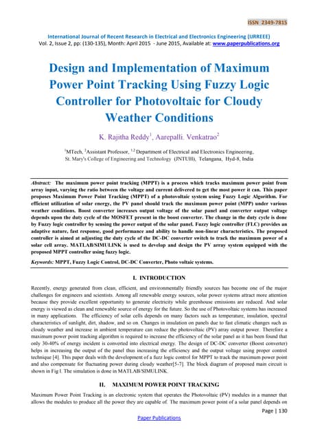Design And Implementation Of Maximum Power Point Tracking Using Fuzzy Logic Controller For