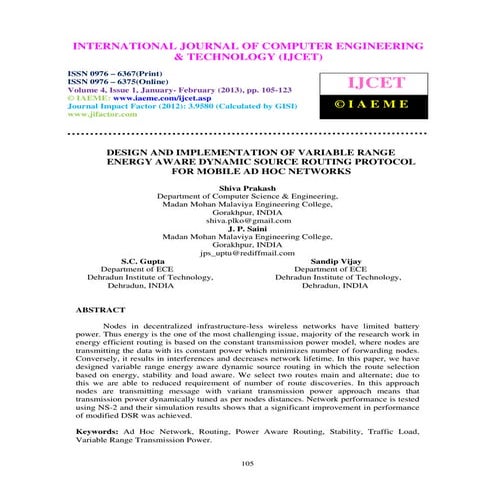 Design and implementation of variable range energy aware dynamic source routing protocol | PDF