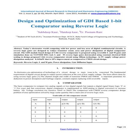 Design And Optimization Of Gdi Based 1 Bit Comparator Using Reverse