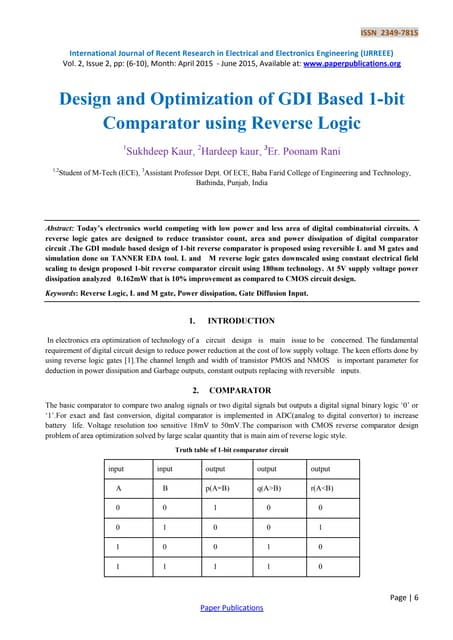 Design And Optimization Of Gdi Based 1 Bit Comparator Using Reverse