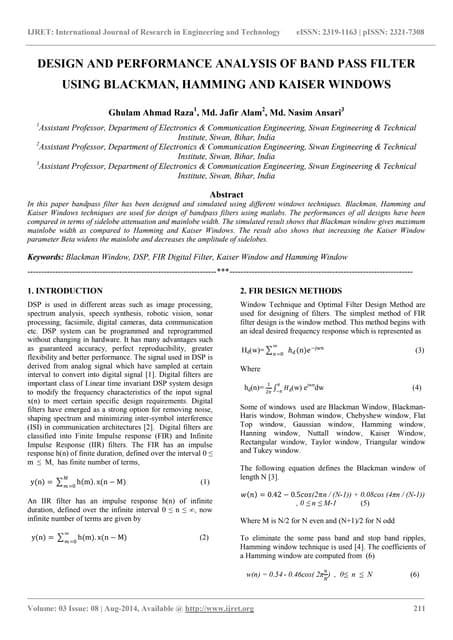 Design and performance analysis of low pass fir filter using hamming and kaiser windows | PDF ...