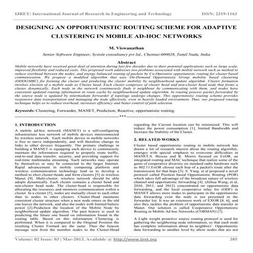Designing An Opportunistic Routing Scheme For Adaptive Clustering In