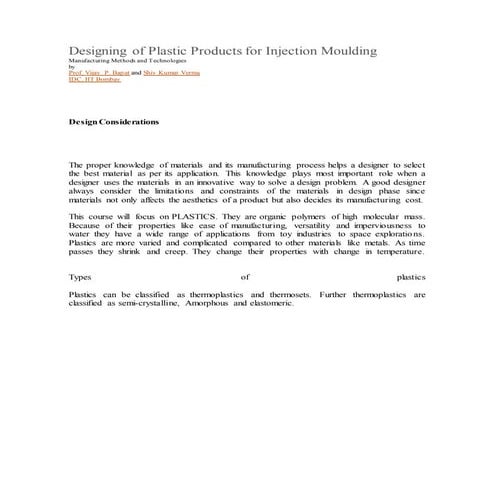 Designing of plastic products for injection moulding | DOCX