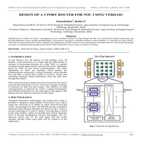 Design of a 5 port router for noc using verilog | PDF