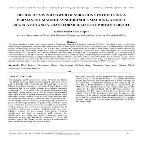 Design of a wind power generation system using a permanent magnet synchronous machine, a boost ...