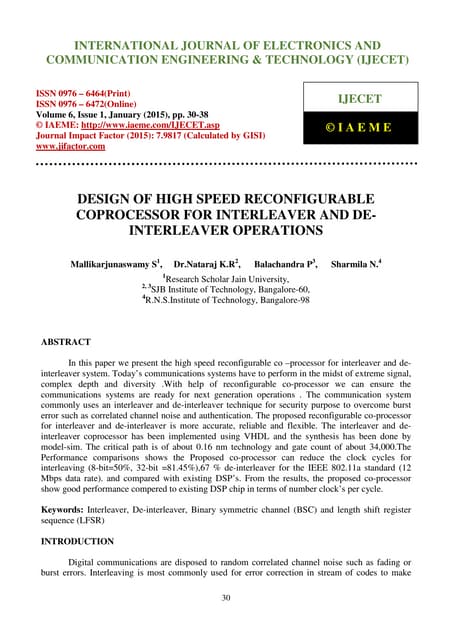 Design Of High Speed Reconfigurable Coprocessor For Interleaver And De Interleaver Operations Pdf