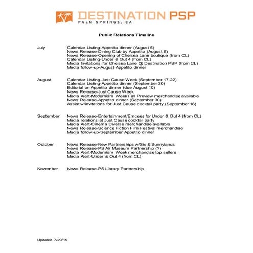 Destination PSP Public Relations Timeline - Summer 2015 | PDF