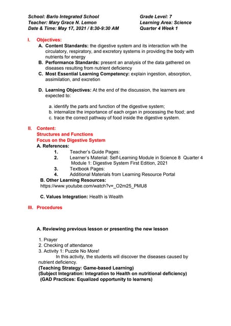 Sample Semi-detailed Lesson Plan for Grade 8 Science, Prepared by ...