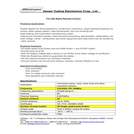 Detailed information of f21 20s radio remote control | PDF