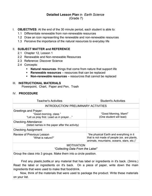 Sample Semi-detailed Lesson Plan for Grade 7 Science, Prepared by ...