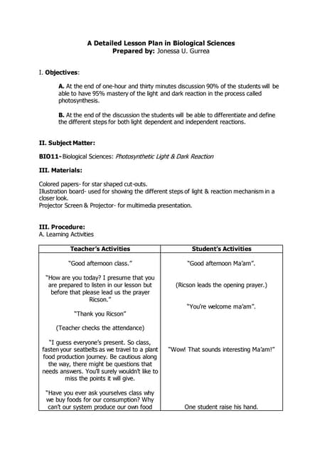 Sample Semi-detailed Lesson Plan for Grade 8 Science, Prepared by ...
