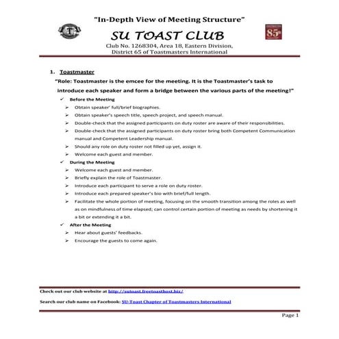 SU Toast Toastmasters Meeting Roles | DOCX