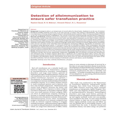 DETECTION OF ALLOIMMUNIZATION TO ENSURE SAFER TRANSFUSION PRACTICE BY ...
