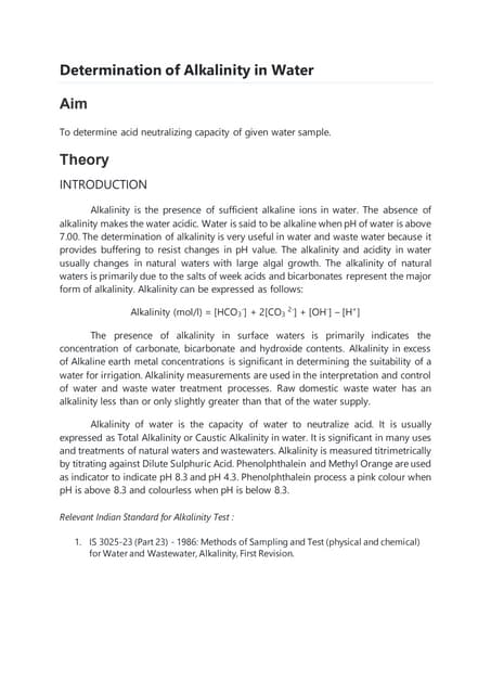 Lab 4 alkalinity –acidity and determination of alkalinity in water | PDF