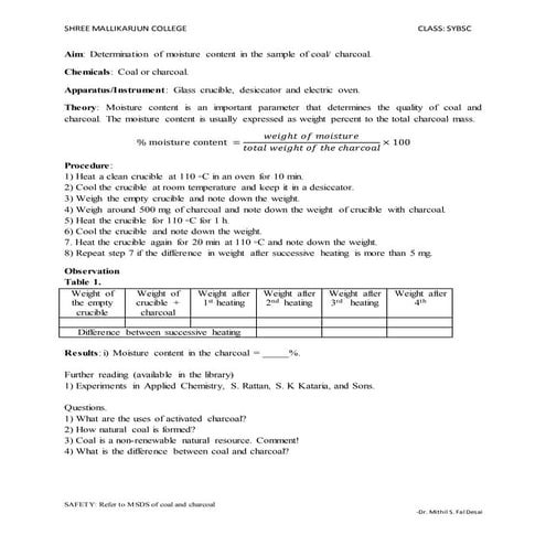 Determination of moisture content in the sample of charcoal | DOCX