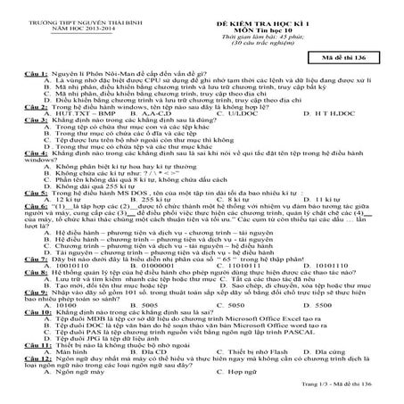 De thi hk1 tin 10 | PDF