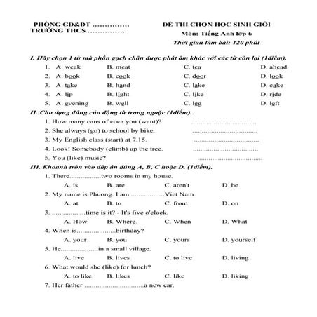 De thi hsg mon tieng anh 6 de 12 | DOC