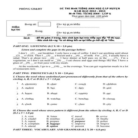 De thi hsg mon tieng anh 6 de 3 | PDF