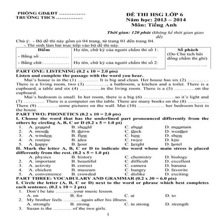 De thi hsg mon tieng anh 6 de 6 | DOC