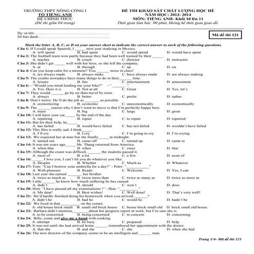 De thi ks chat luong hoc he 10 len 11 | PDF