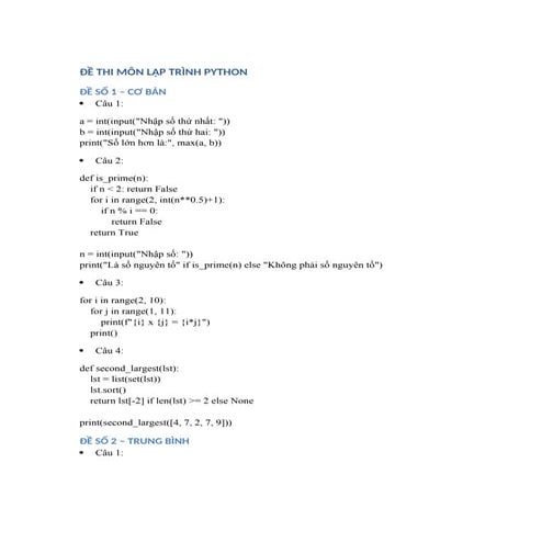 đề thi lập trình Python mức độ trung bình | PDF