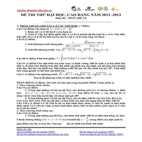 De thi thu mon toan co dap an | PDF