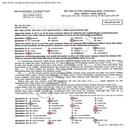 De thi va dap an mon tieng anh khoi d 2013 | PDF