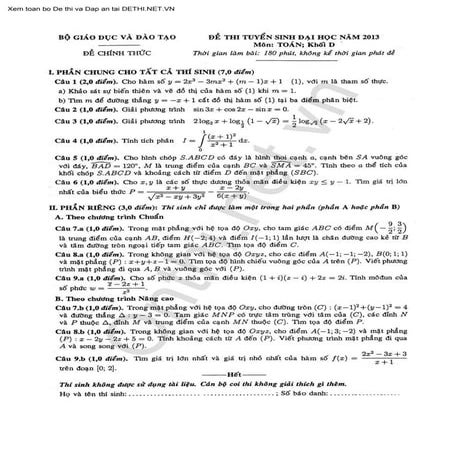 De thi va dap an mon toan khoi d 2013 | PDF
