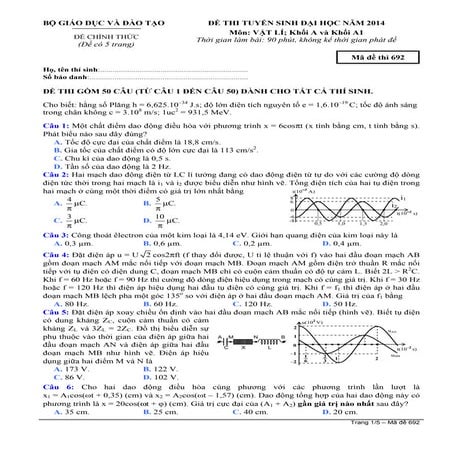 De thi vat ly a a1 dh2014 m_692 | PDF