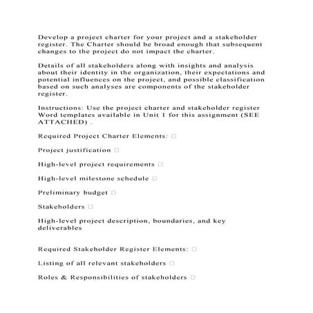 Develop a project charter for your project and a stakeholder registe.docx