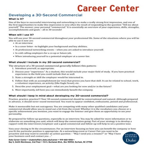 Developing a 30 Second Elevator Pitch | PDF