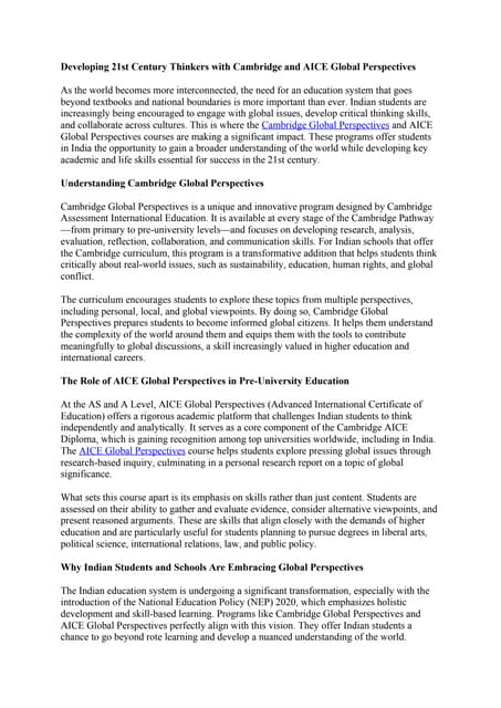 The Importance of AICE and Cambridge Global Perspectives for Indian ...