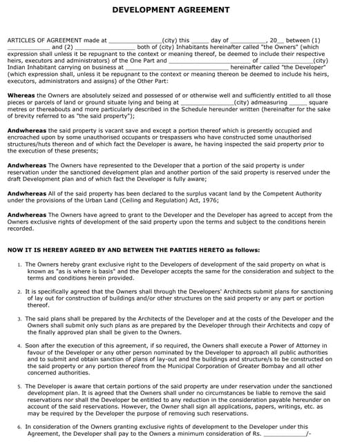 Sample of development joint venture agreement between owner of land and ...