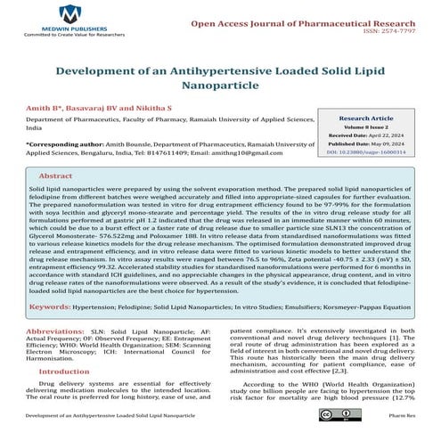 Development Of An Antihypertensive Loaded Solid Lipid Nanoparticle Pdf