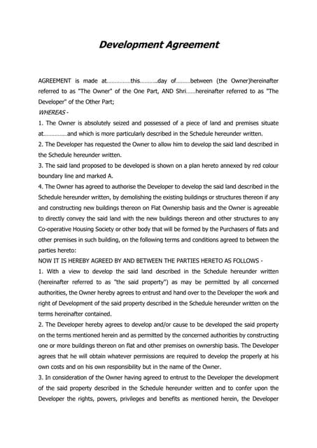 Sample of development joint venture agreement between owner of land and ...