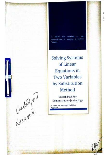 5As Method of Lesson Plan on Ssolving systems of linear equations in two variables by ...