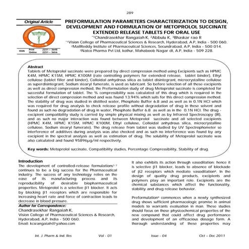 Development And Formulation Of Metoprolol Succinate Extended Release Tablets For Oral Use Pdf