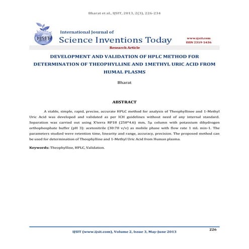 Development and validation of hplc method for determination of theophylline and 1 methyl uric ...