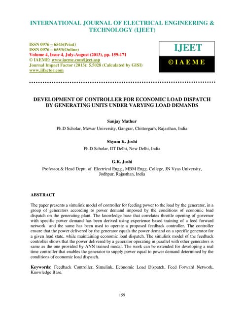 Development Of Controller For Economic Load Dispatch By Generating Units Und Ppt