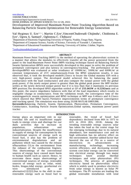 Development Of Improved Mppt Algorithm Based On Balancing Pso For Renewable Energy Generationpdf