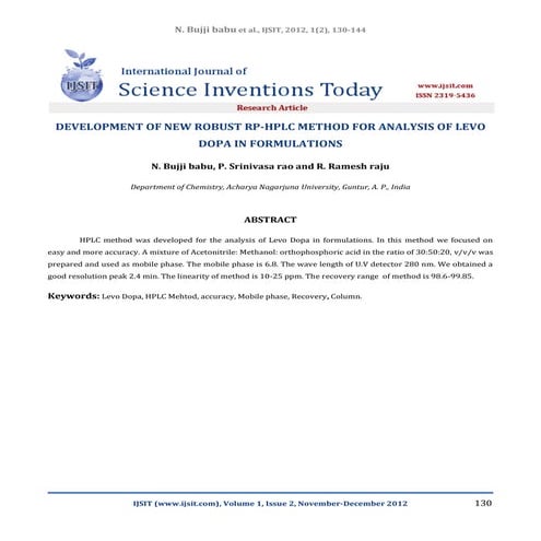 Development Of New Robust Rp Hplc Method For Analysis Of Levo Dopa In Formulations Pdf