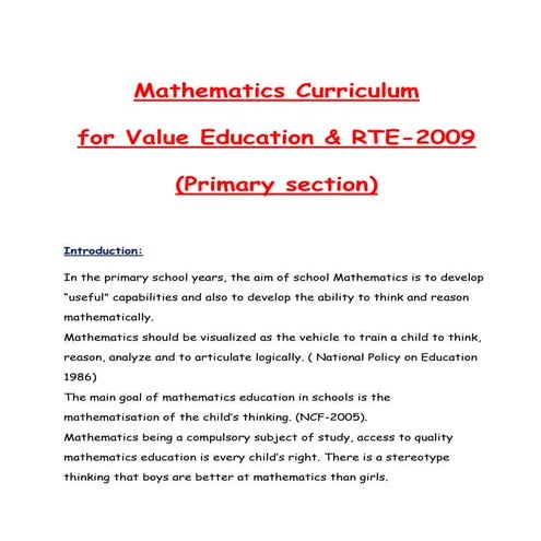 Mathematics for education and RTE in primary classes | PDF