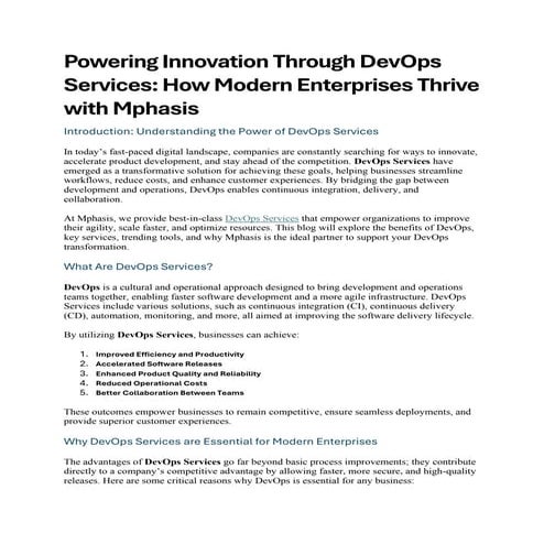 Powering Innovation Through DevOps Services: How Modern Enterprises Thrive with Mphasis | PDF