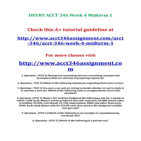 Acct 434 week 4 midterm exam(uophelp) | DOC