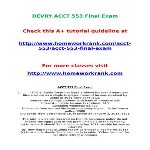 Devry acct 553 final exam | PDF