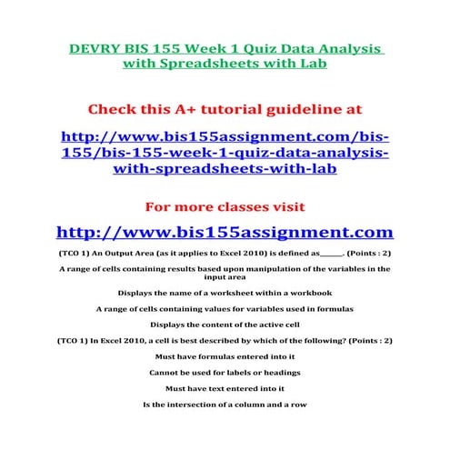 Devry Bis 155 Week 1 Quiz Data Analysis With Spreadsheets With Lab Pdf