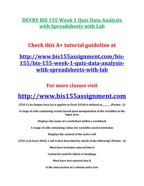 Devry Bis 155 Week 1 Quiz Data Analysis With Spreadsheets With Lab Pdf