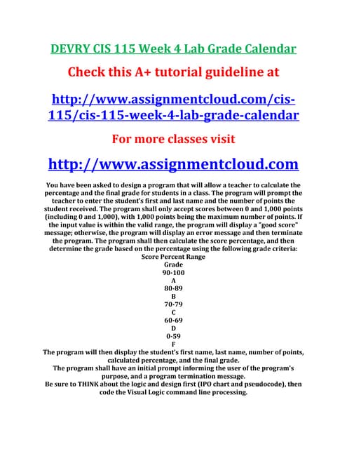 Devry cis 115 week 4 lab grade calendar | PDF Devry cis 115 week 4 lab grade calendar | PDF