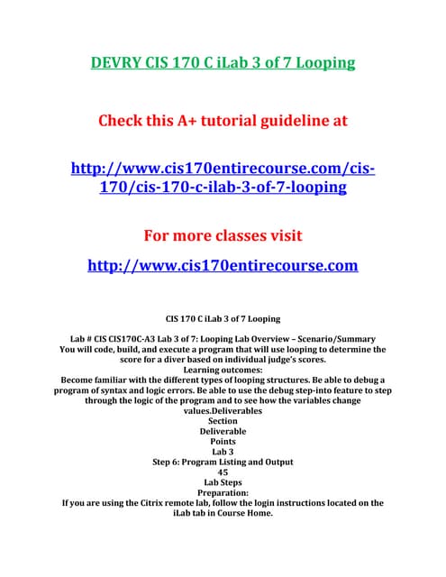 Devry cis 170 c i lab 3 of 7 looping | PDF Devry cis 170 c i lab 3 of 7 looping | PDF