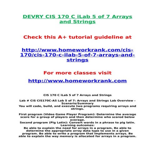 Devry cis 170 c i lab 5 of 7 arrays and strings | PDF | Programming Languages | Computing
